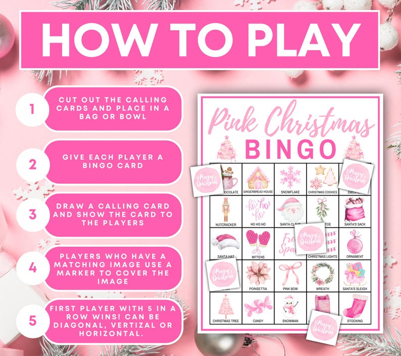 30 Pink Christmas Bingo Card Printable Game,girls Night Christmas Party ...