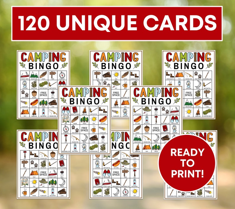 120 Camping Bingo Cards Printable Game, Camping Party Bingo Game ...