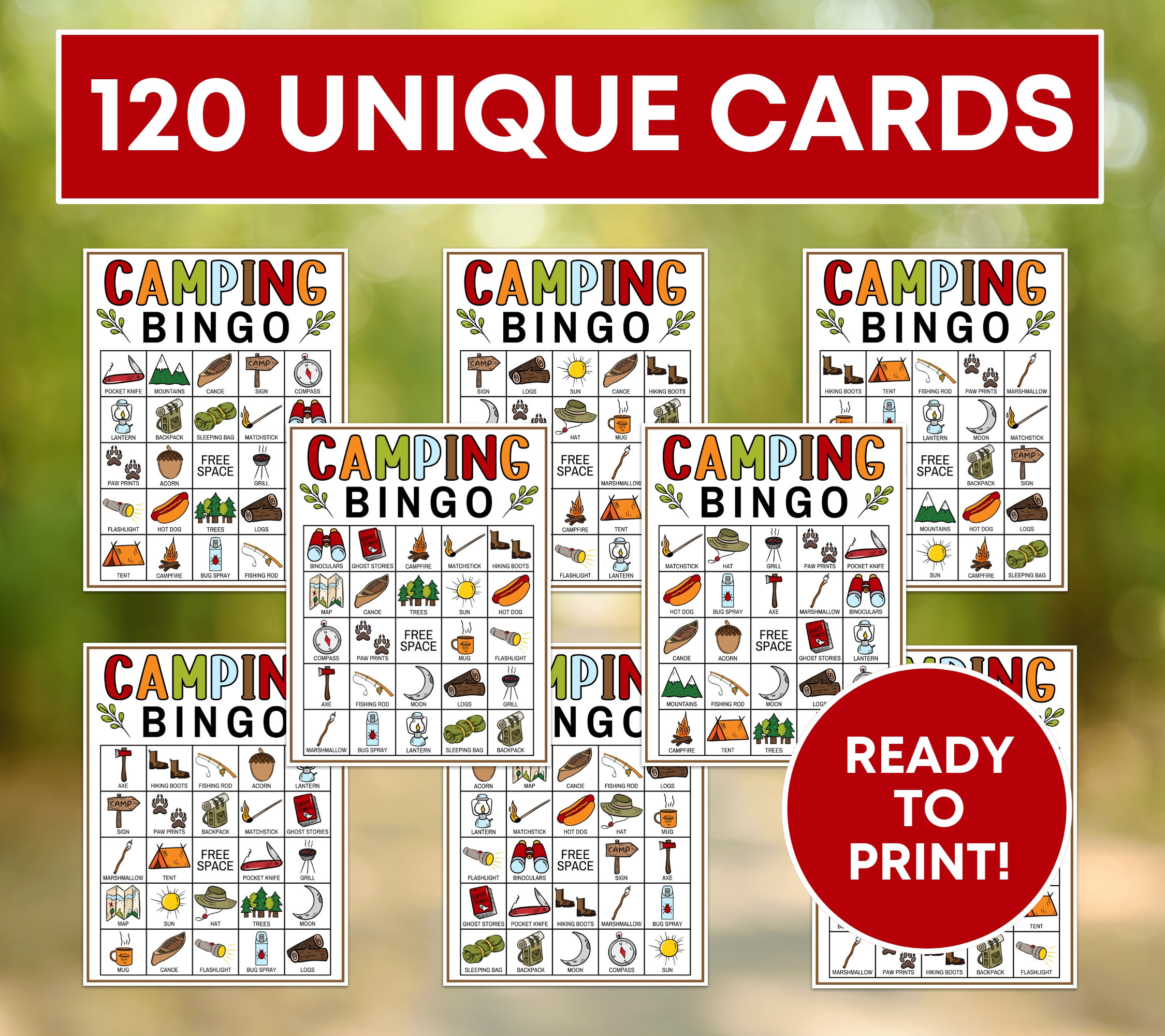 120 Camping Bingo Cards Printable Game, Camping Party Bingo Game ...