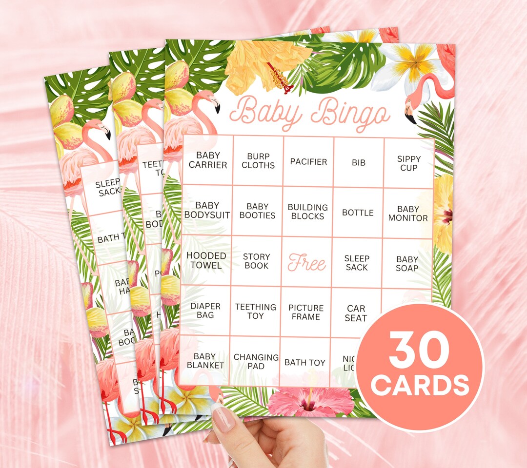 30 Flamingo Baby Shower Bingo Cards Printable Game, Tropical Flamingo ...