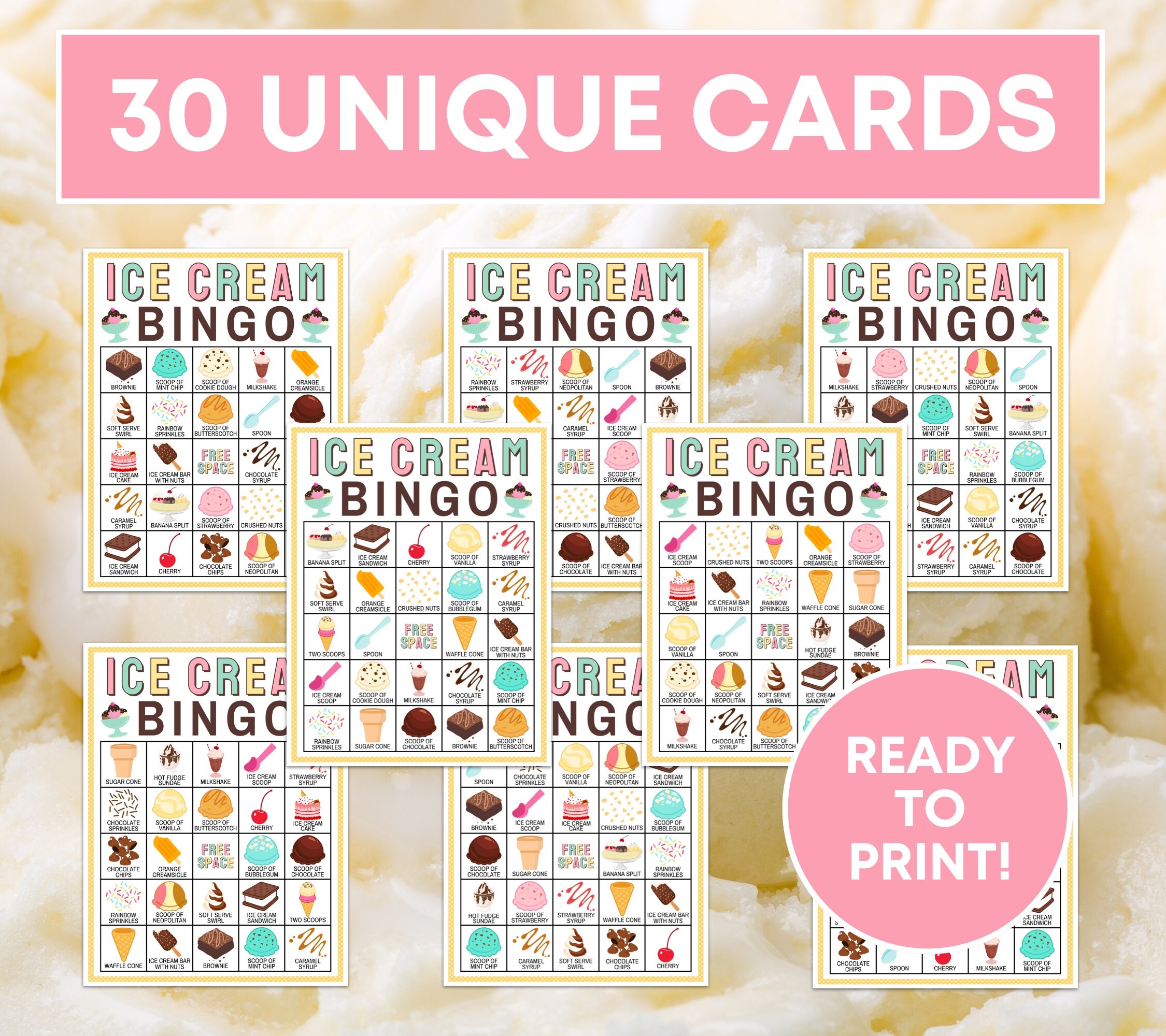 30 Ice Cream Bingo Cards Printable Game, Ice Cream Birthday Party Bingo ...