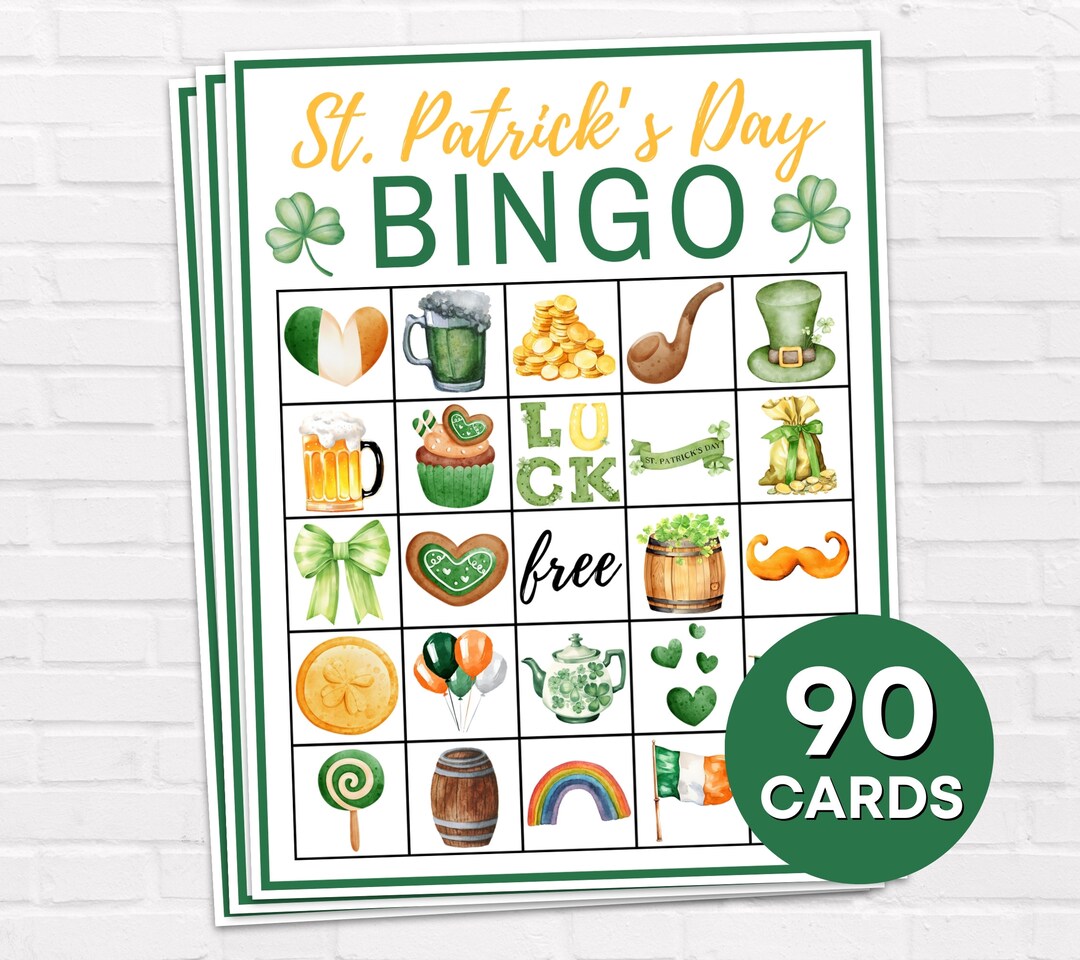 90 St Patricks Day Bingo Cards Game Printable, St Patrick Bingo Board ...