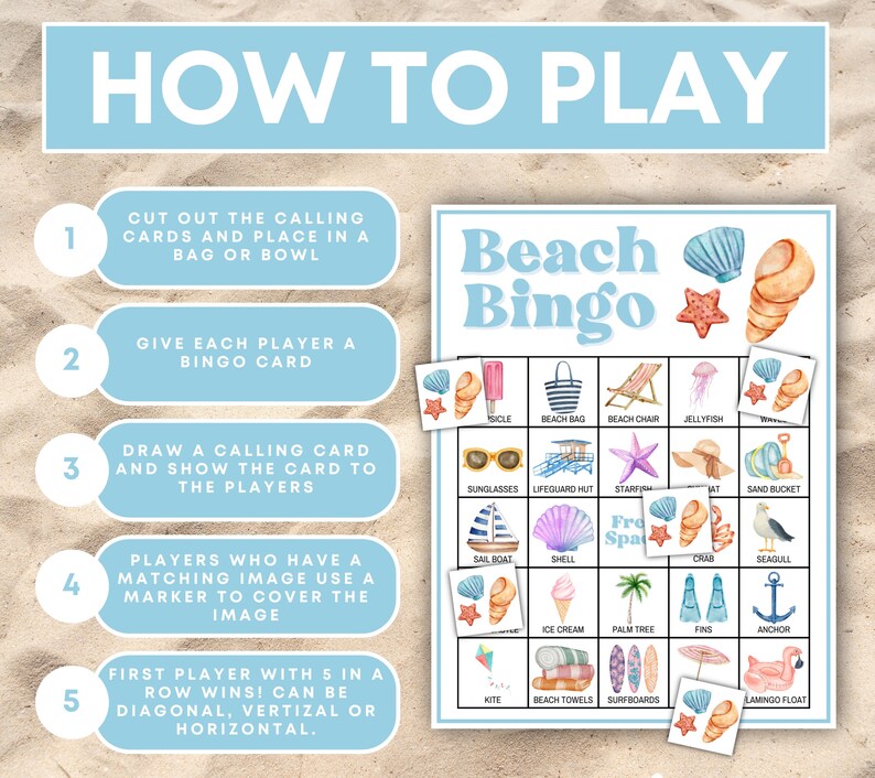 60 Beach Bingo Cards Printable Game, Beach Day Birthday Party Bingo ...