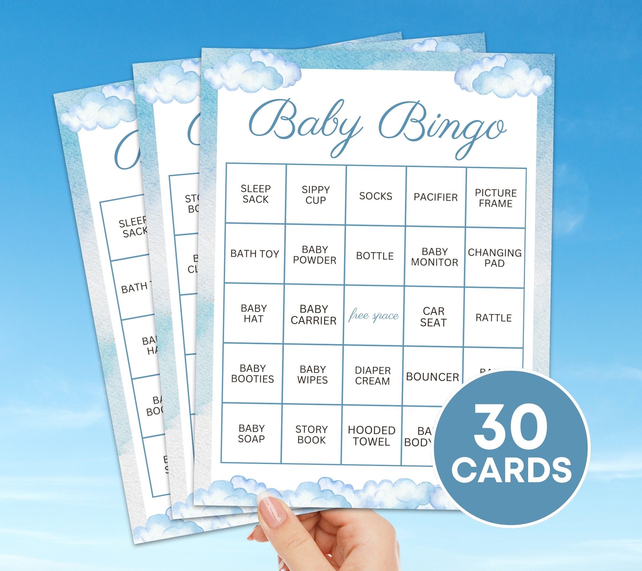 30 Clouds Baby Shower Bingo Cards Printable Game, Blue Clouds Baby Boy ...