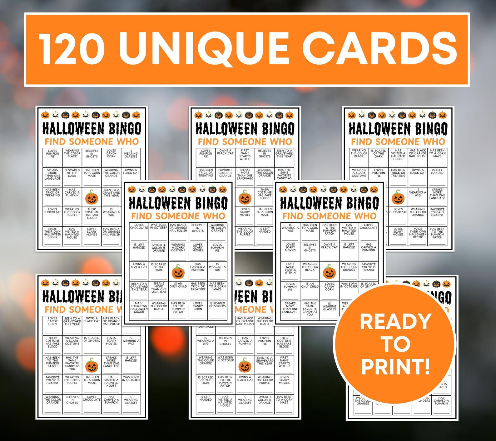 120 Halloween Mingle Bingo Cards Printable Game, Halloween Fall Find ...