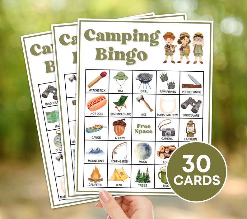 30 Camping Bingo Cards Printable Game, Camping Party Bingo Game ...