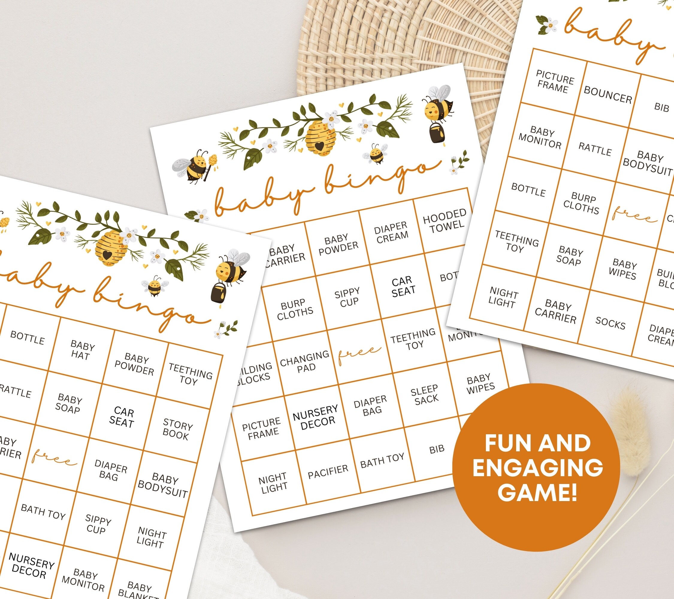 60 Bee Baby Shower Bingo Cards Printable Game, Baby Bee Shower Gift ...