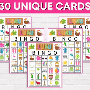 30 Luau Bingo Cards Printable Game, Aloha Hawaiian Birthday Party Bingo ...