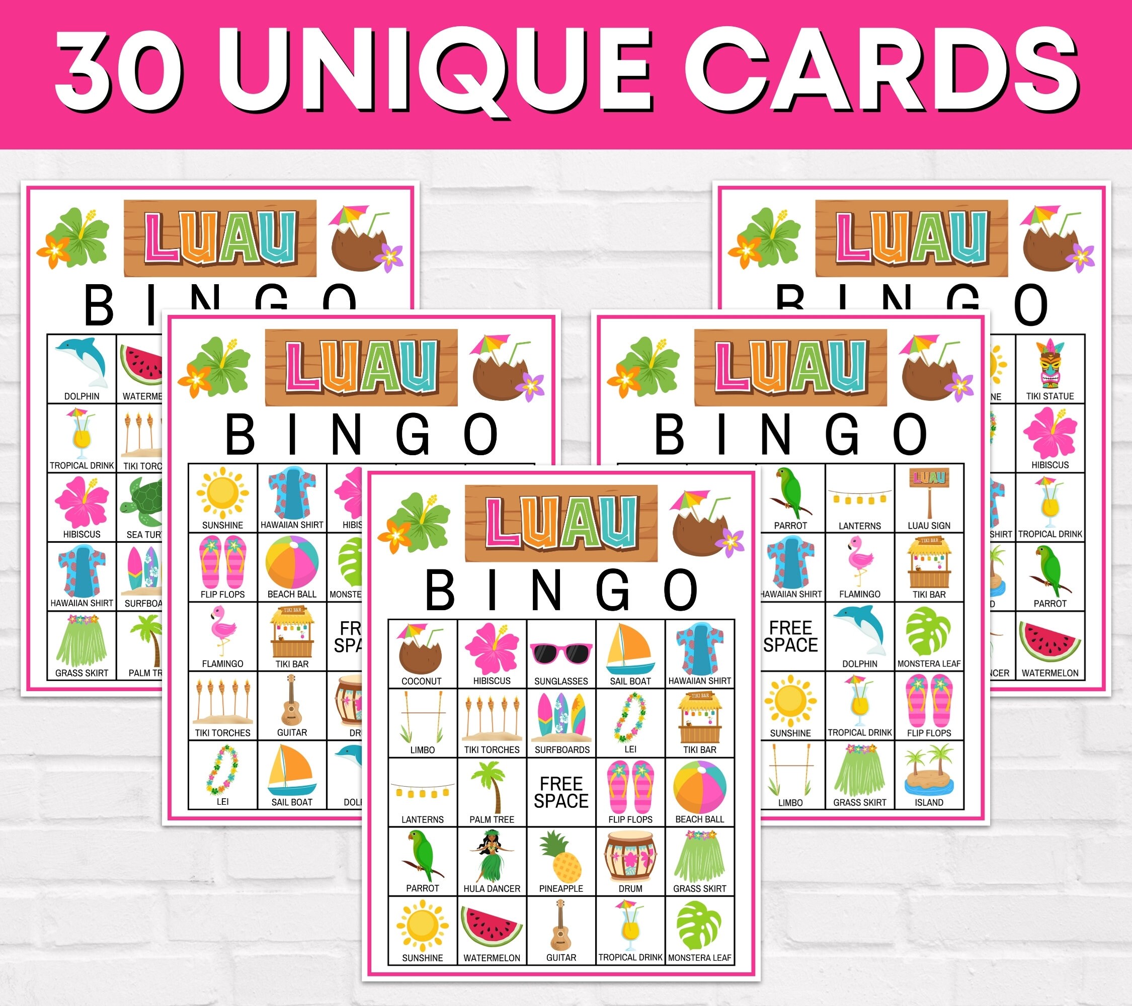 30 Luau Bingo Cards Printable Game, Aloha Hawaiian Birthday Party Bingo ...