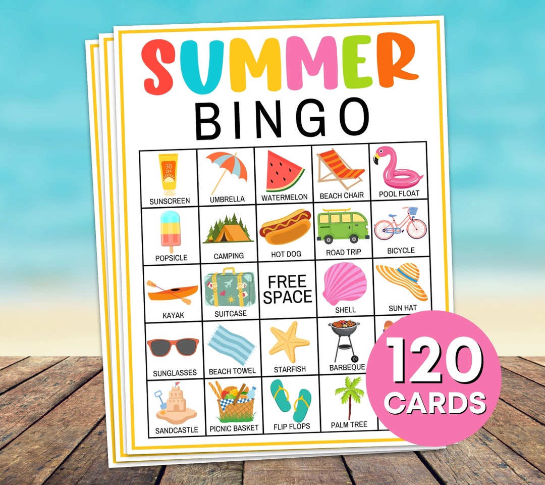 120 Summer Bingo Cards Printable Game, Summer Birthday Party Bingo Game ...
