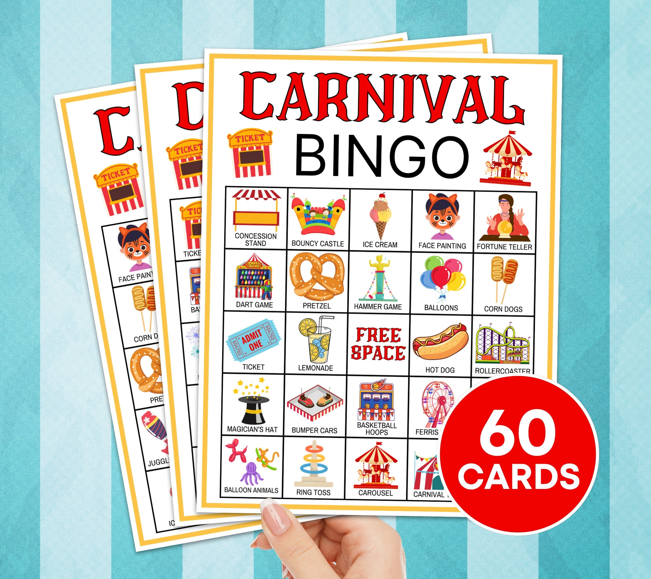 60 Carnival Bingo Cards Printable Game, Carnival Party Bingo Boards ...