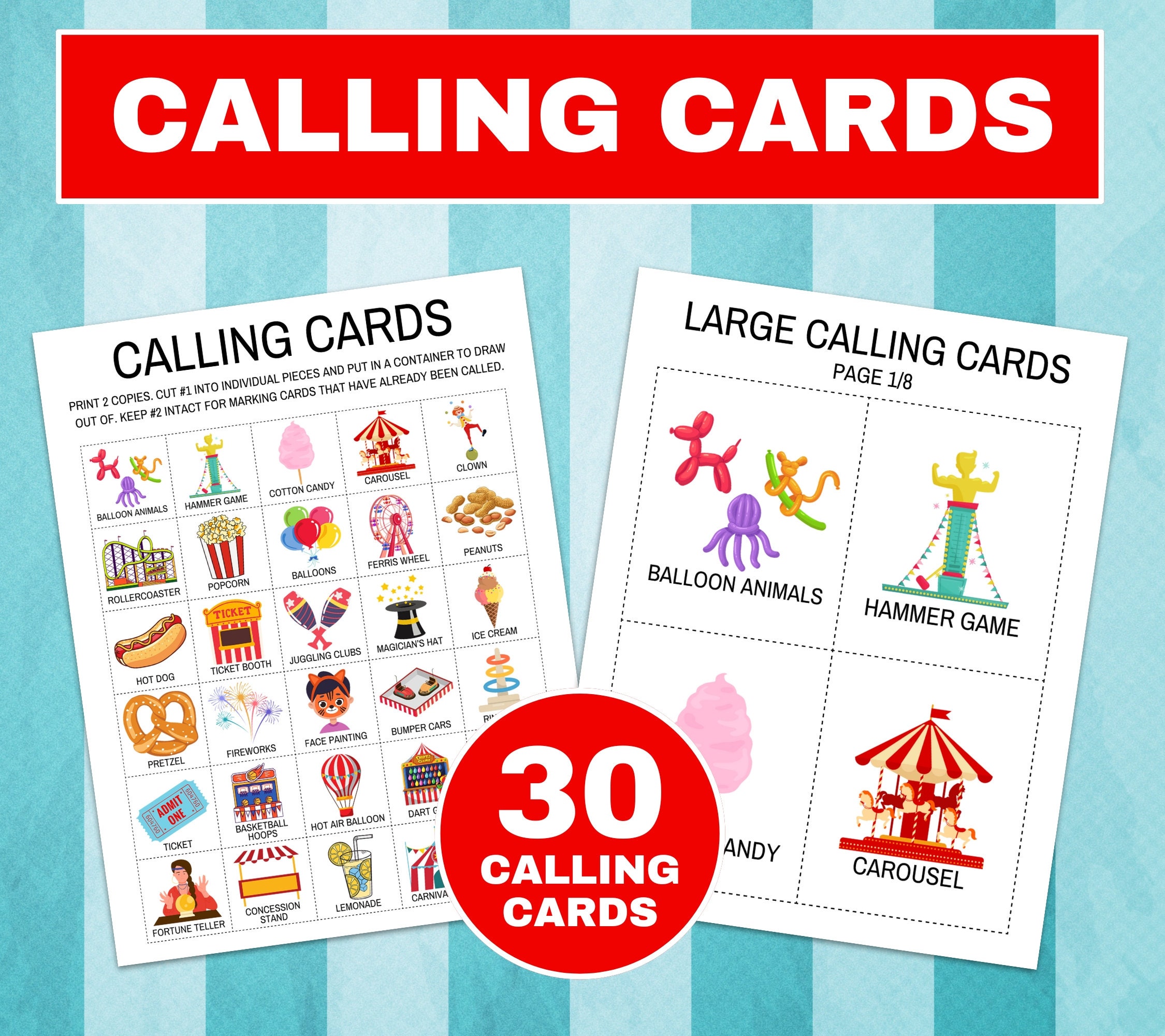 30 Carnival Bingo Cards Printable Game, Carnival Party Bingo Boards ...