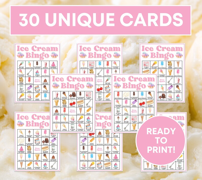 30 Ice Cream Bingo Cards Printable Game, Ice Cream Birthday Party Bingo ...