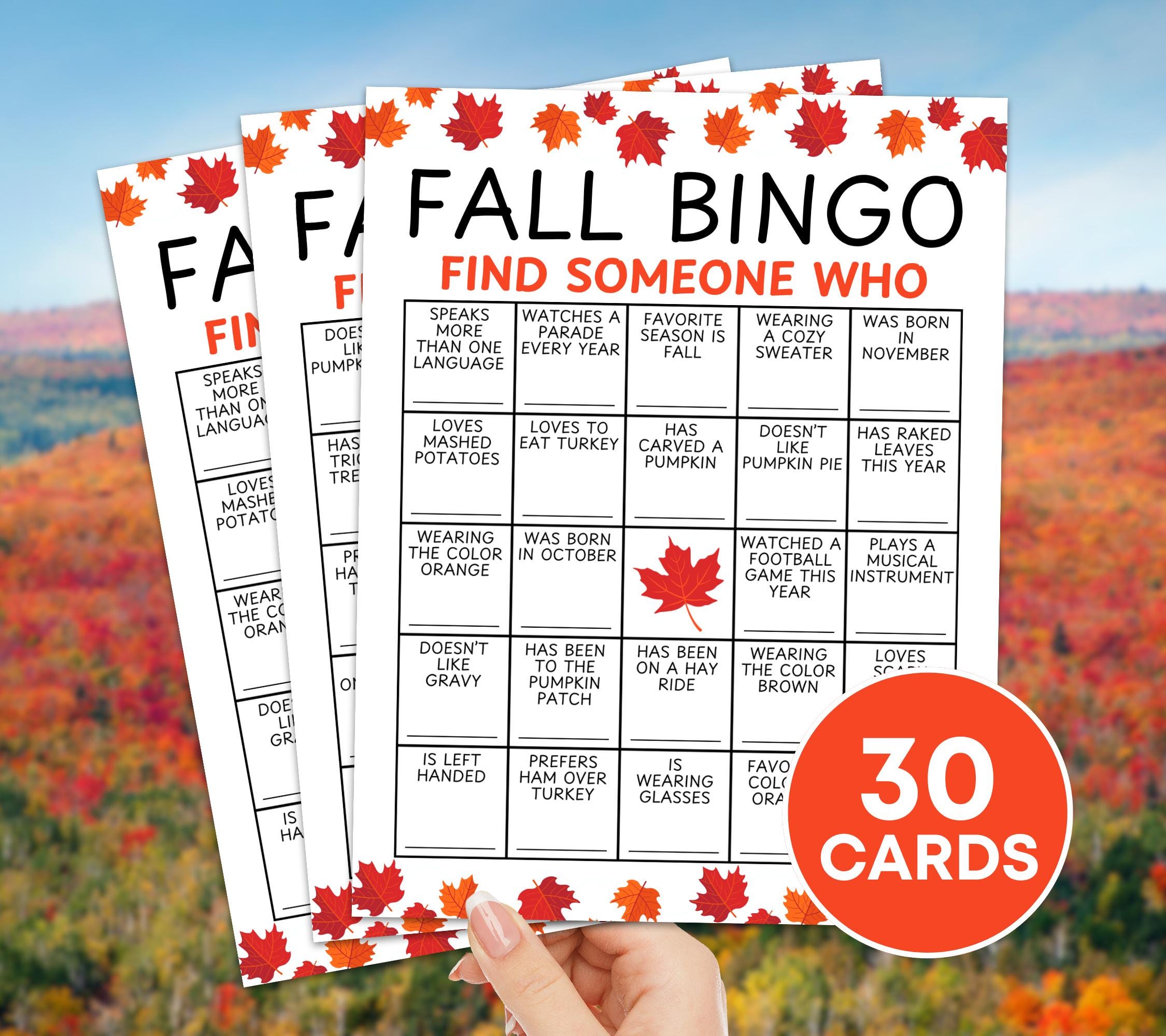 30 Fall Mingle Bingo Cards Printable Game, Fall Autumn Find Someone Who ...