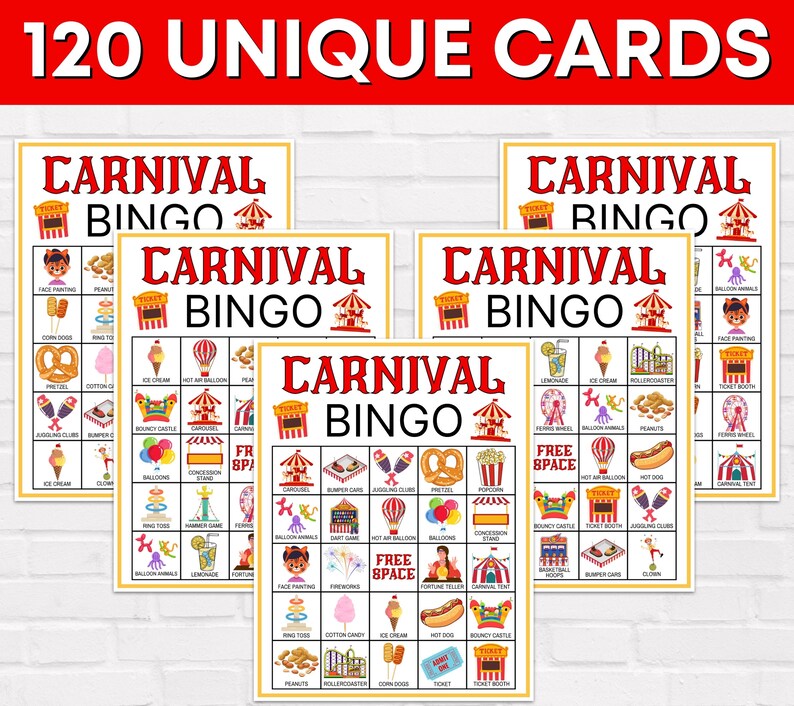 120 Carnival Bingo Cards Printable Game, Carnival Party Bingo Boards ...