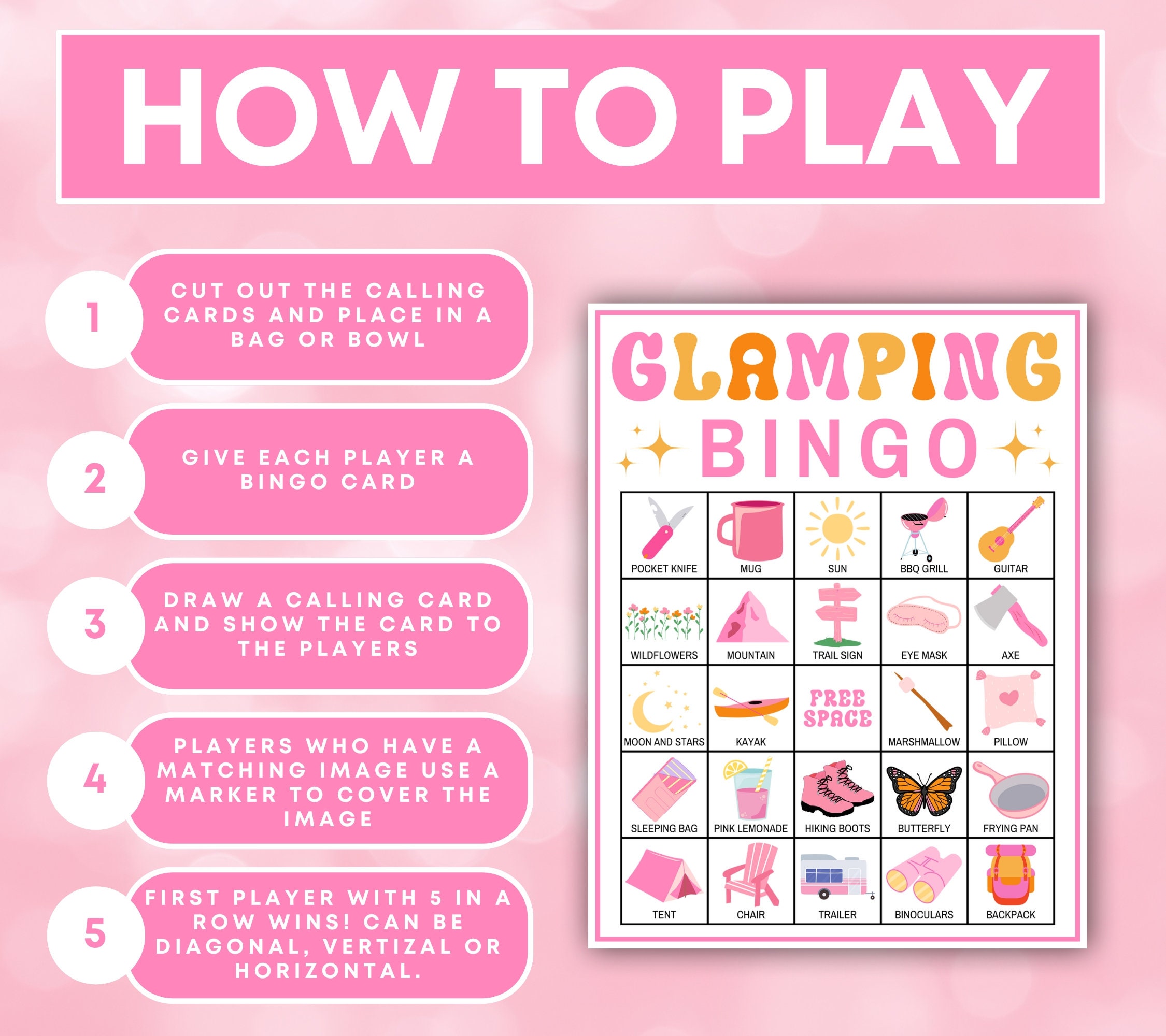 30 Glamping Bingo Cards Printable Game, Girls Camping Party Bingo Game ...