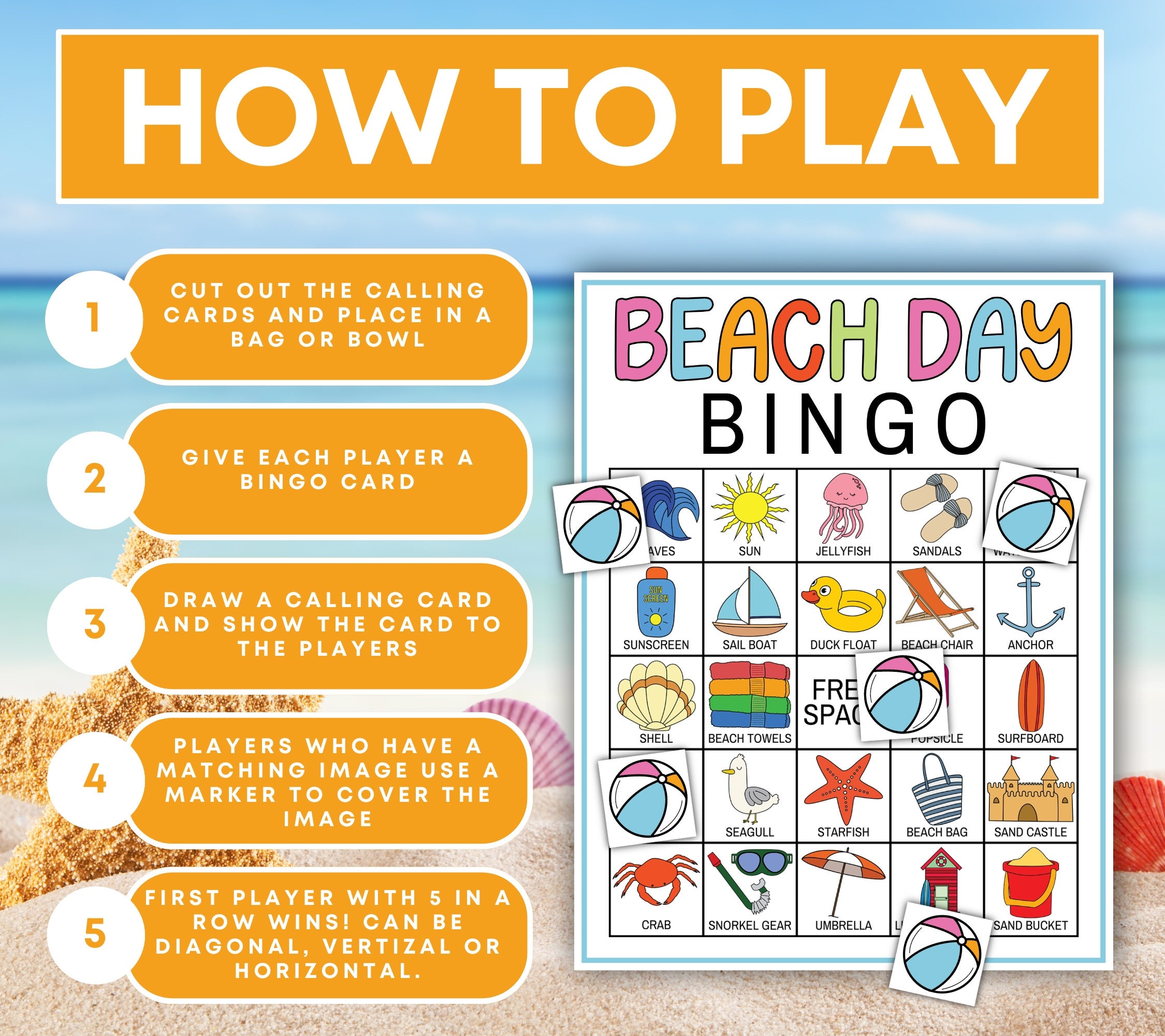 90 Beach Bingo Cards Printable Game, Beach Day Birthday Party Bingo ...