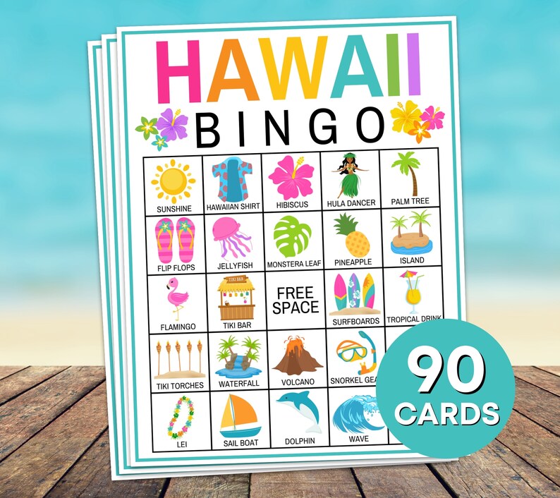 90 Hawaii Bingo Cards Printable Game, Luau Aloha Hawaiian Birthday ...