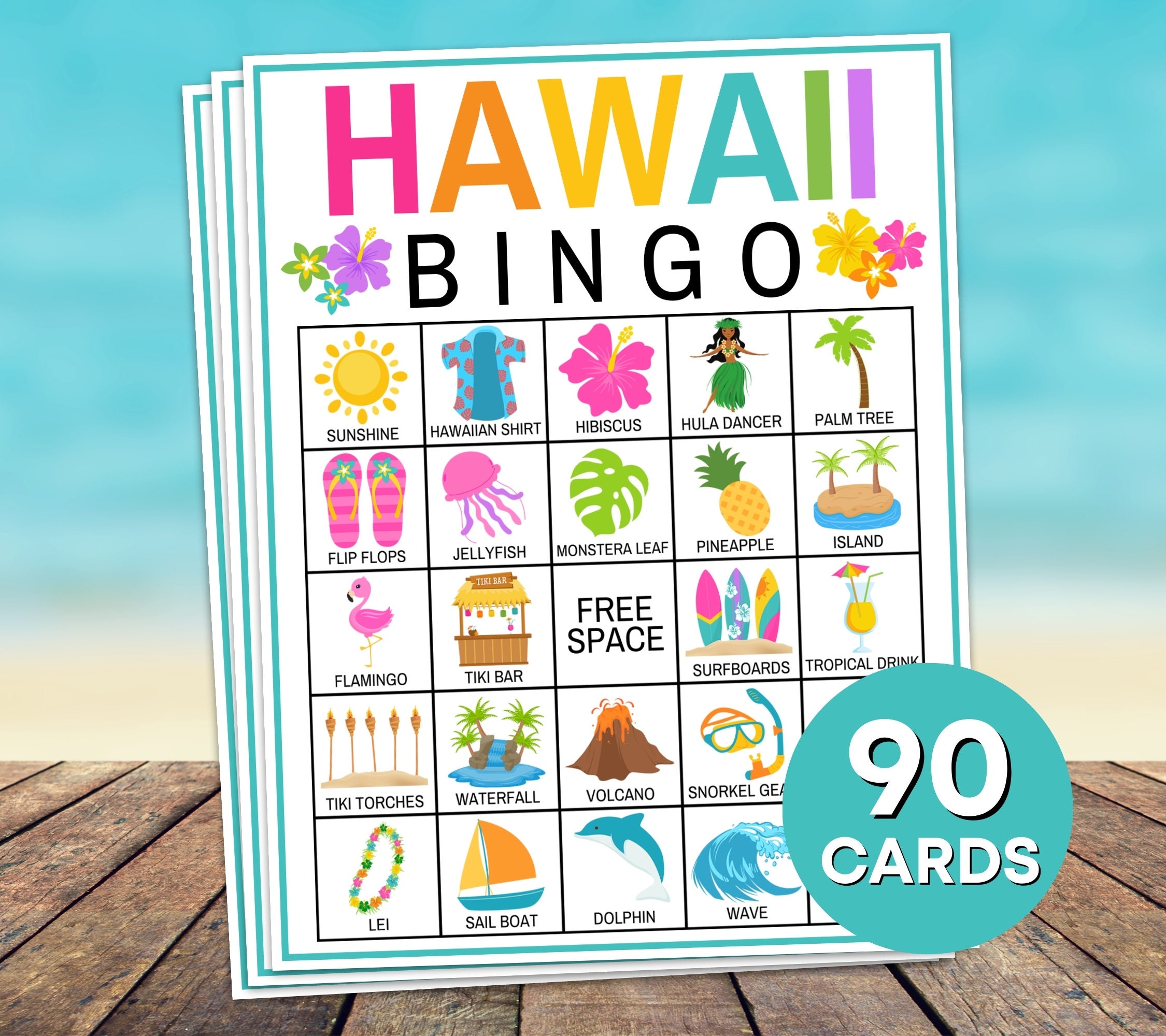 90 Hawaii Bingo Cards Printable Game, Luau Aloha Hawaiian Birthday ...