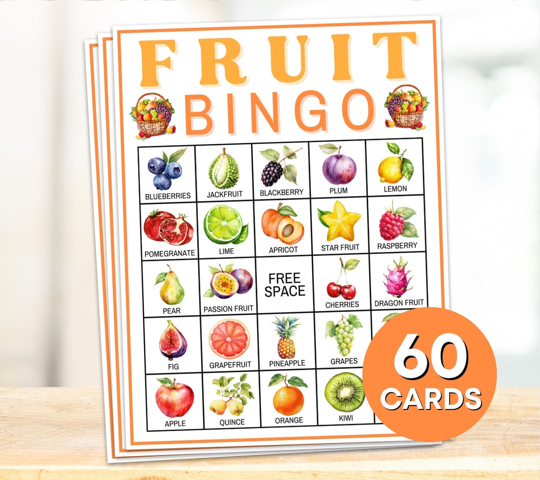 60 Fruit Bingo Cards Printable Game, Fruit Bingo Boards Game, Fruit ...