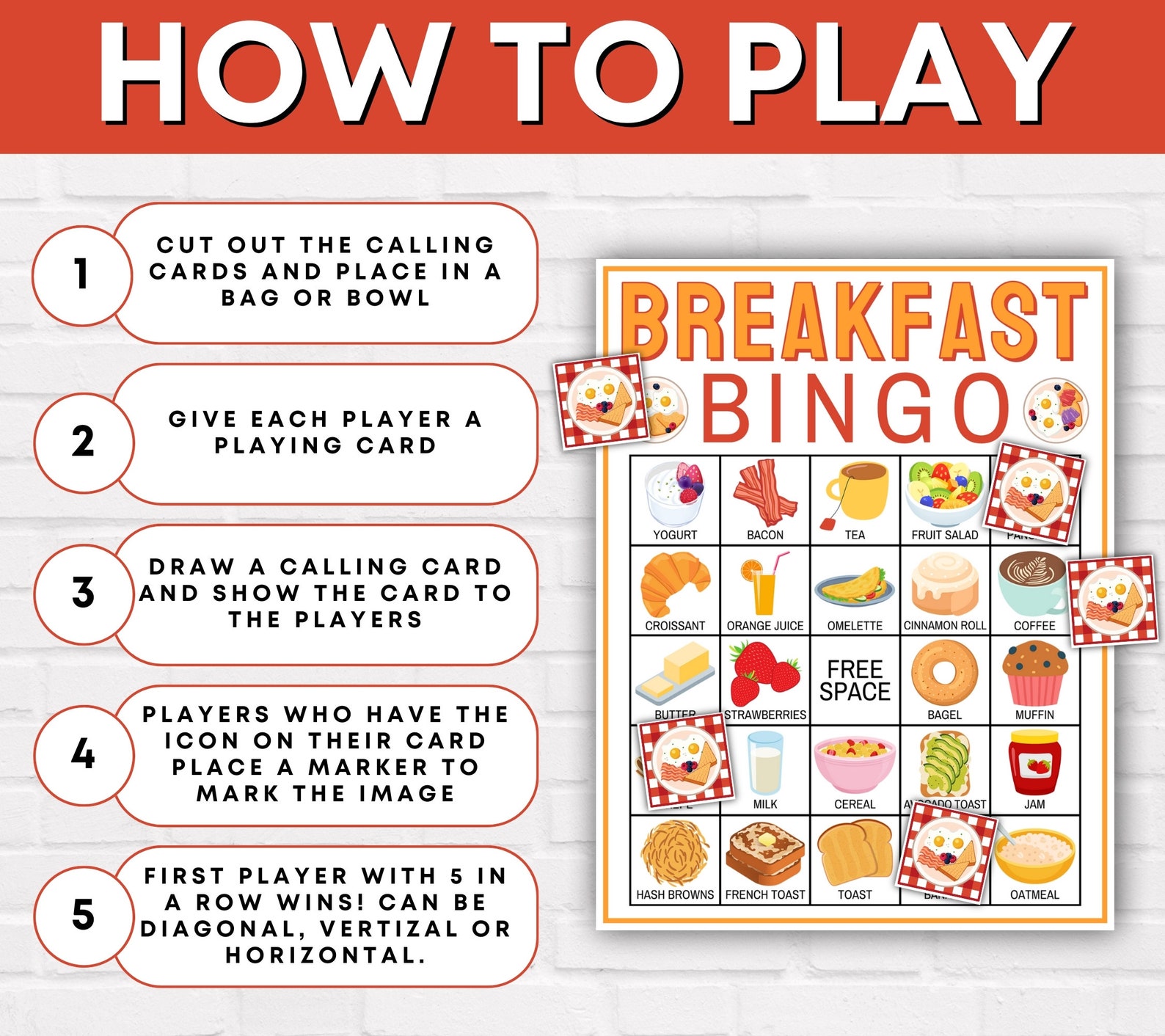 60 Breakfast Bingo Cards Printable Game, Sunday Brunch Bingo Board Game ...