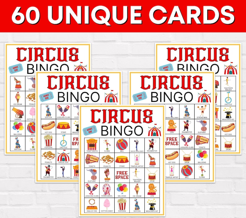 60 Circus Bingo Cards Printable Game, Circus Party Bingo Game Boards ...