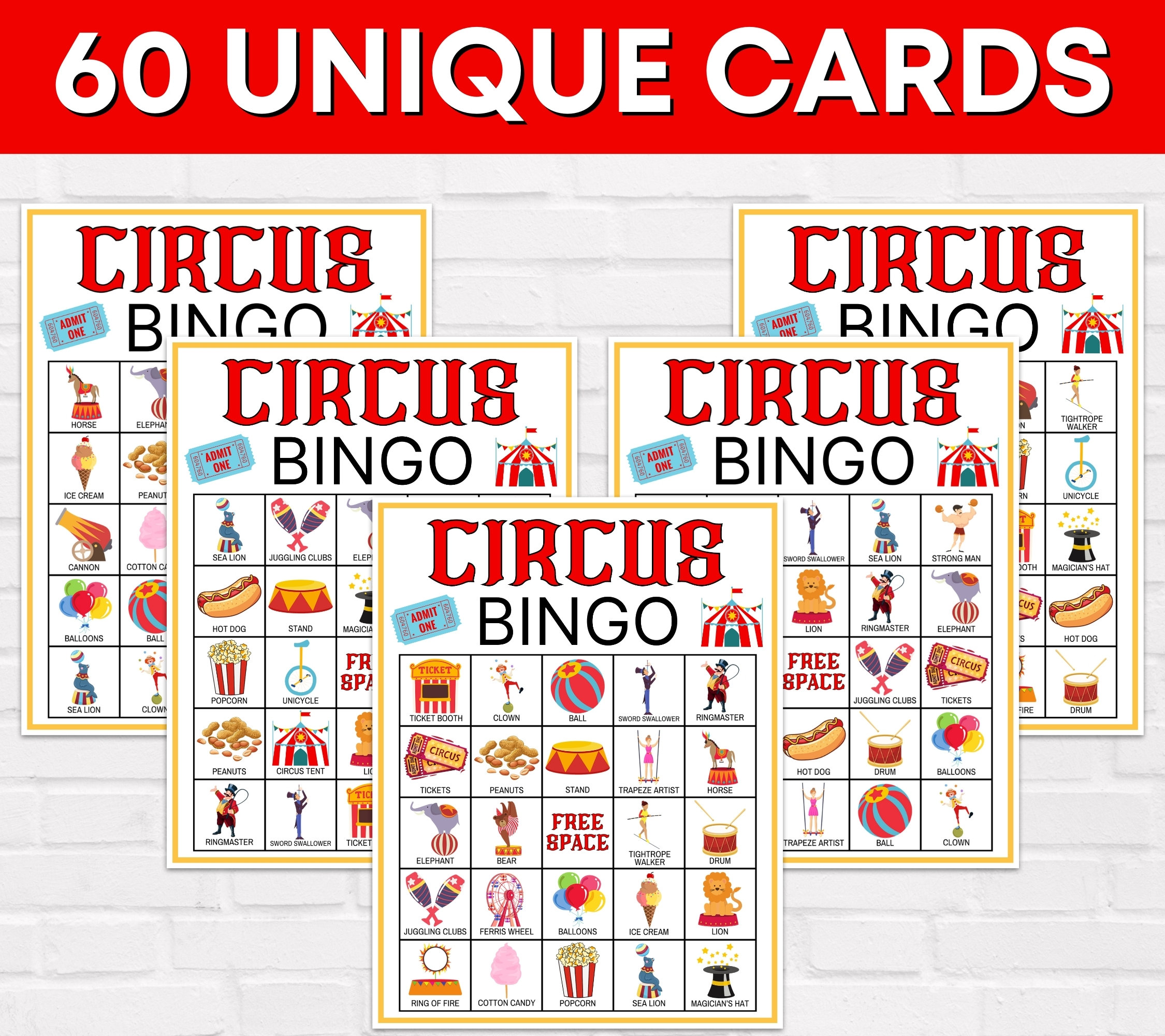 60 Circus Bingo Cards Printable Game, Circus Party Bingo Game Boards ...