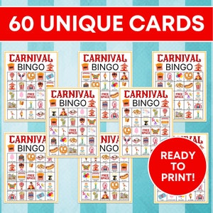 60 Carnival Bingo Cards Printable Game, Carnival Party Bingo Boards ...