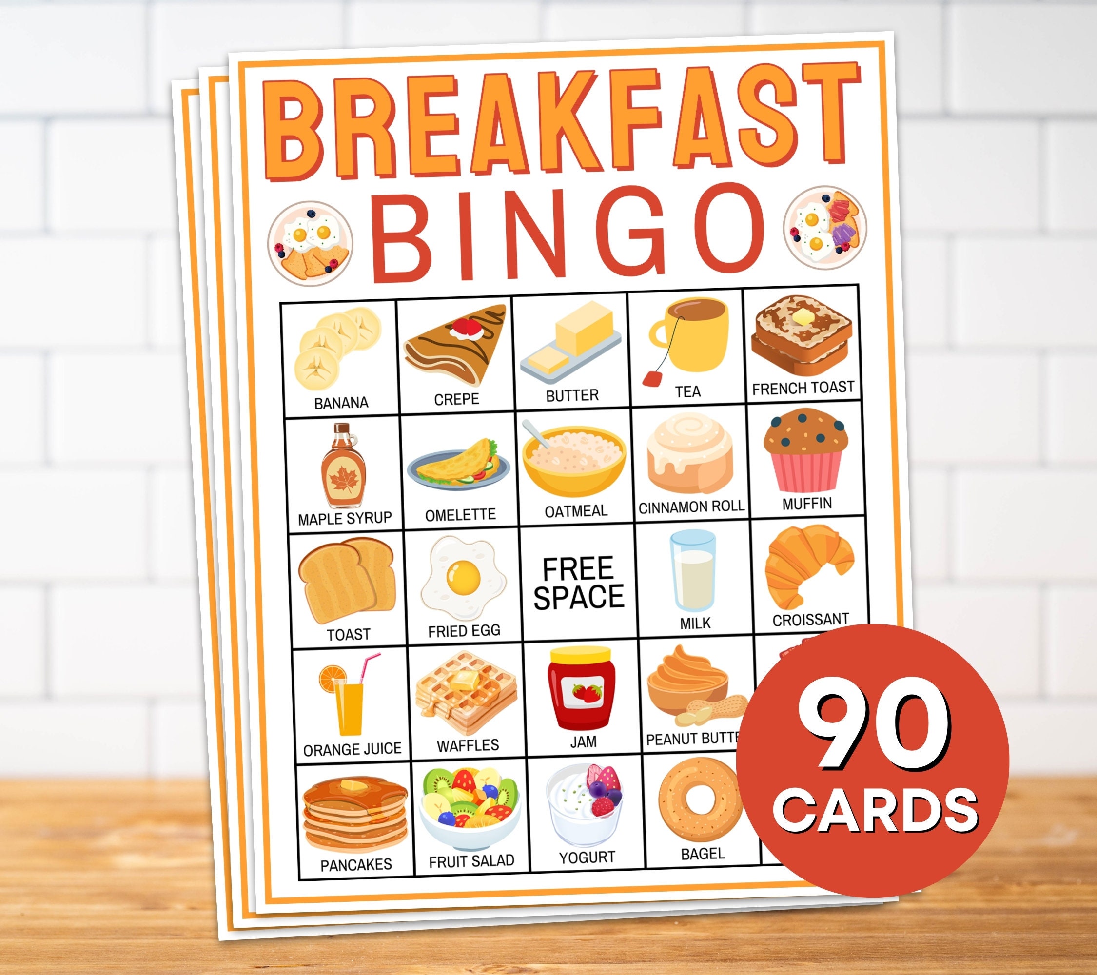 90 Breakfast Bingo Cards Printable Game, Sunday Brunch Bingo Board Game ...