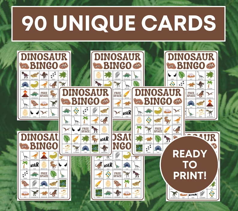 30 Dinosaur Bingo Cards Printable Game, Dinosaur Birthday Party Bingo ...