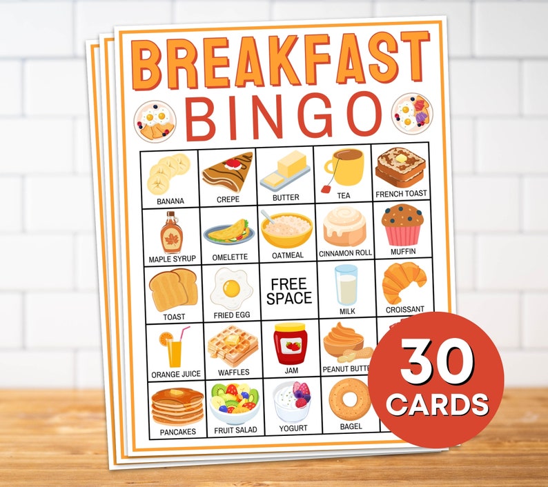 30 Breakfast Bingo Cards Printable Game, Sunday Brunch Bingo Board Game ...