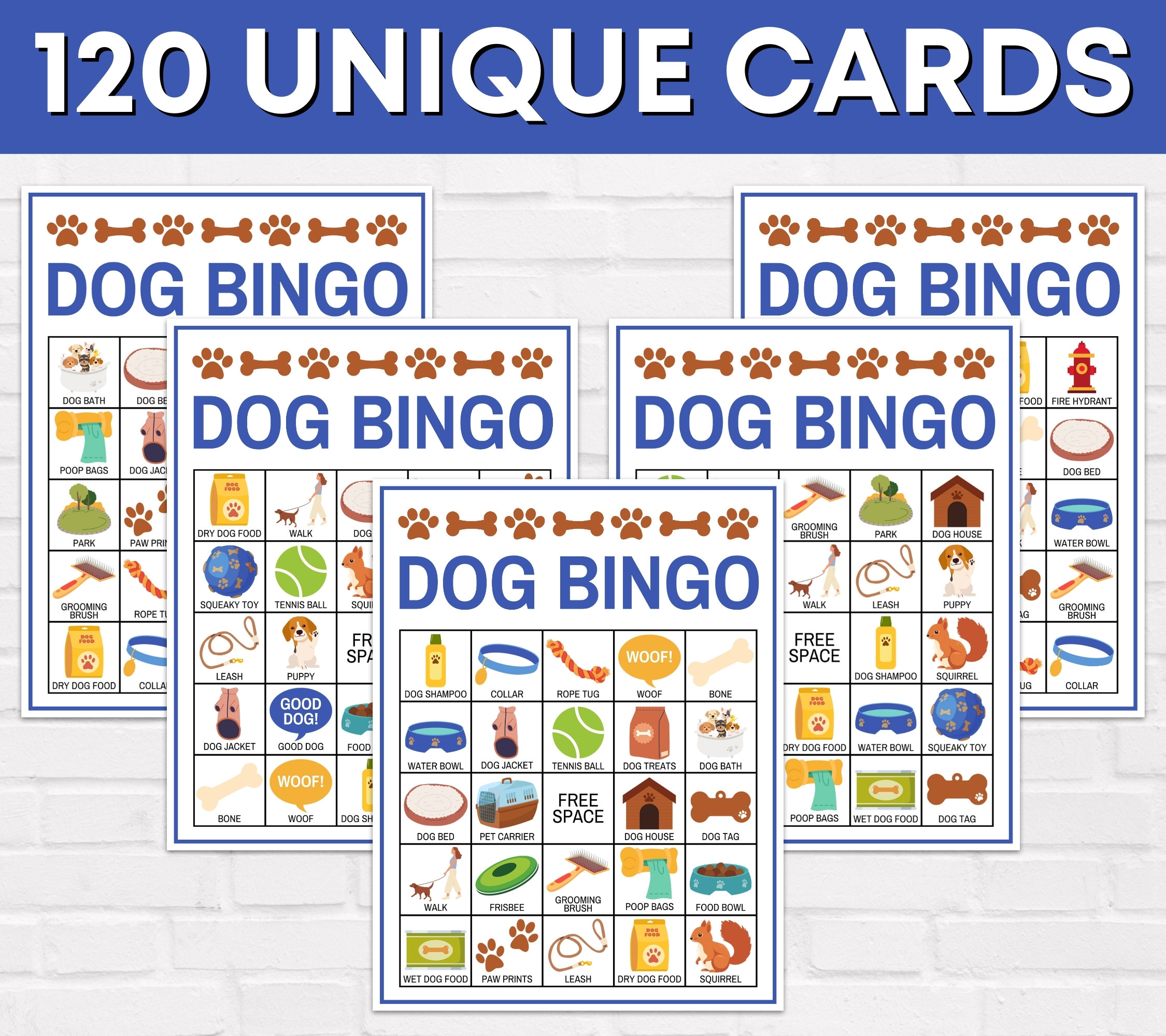 120 Dog Bingo Cards Printable Game, Puppy Dog Bingo Cards Game, Dog ...