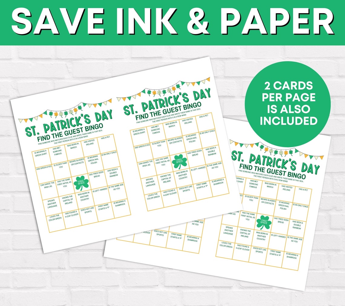 St Patrick's Day Find the Guest Bingo Game, St Patricks Day Party ...