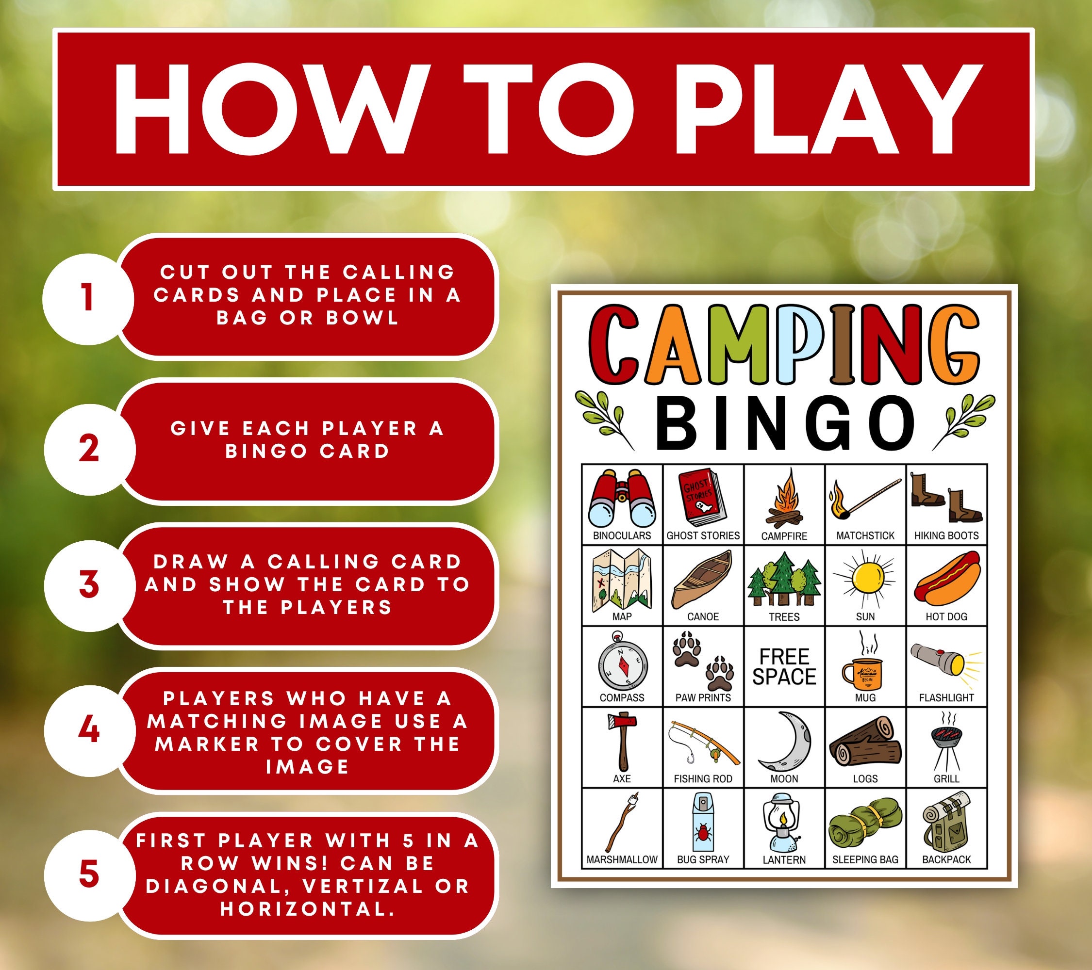 60 Camping Bingo Cards Printable Game, Camping Party Bingo Game ...