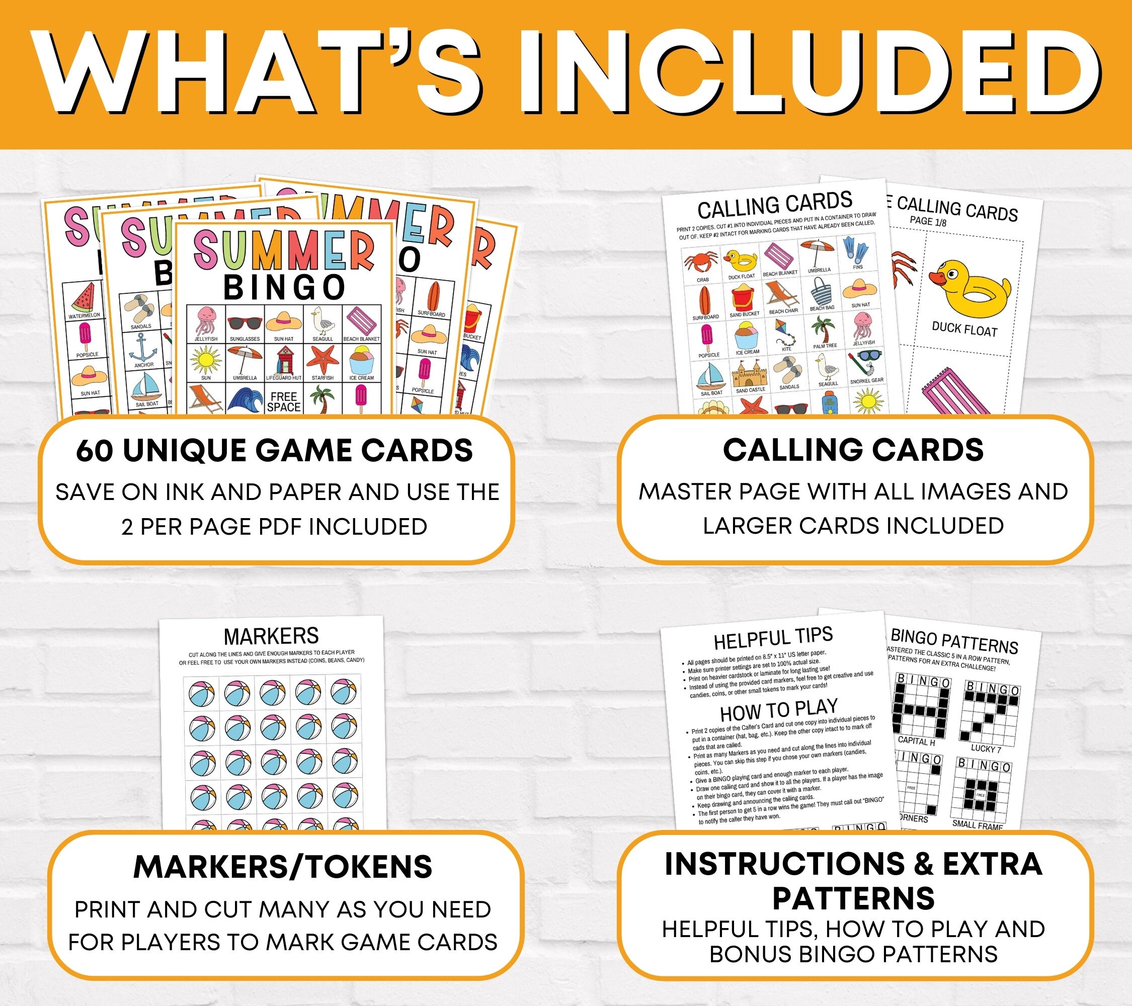 60 Summer Bingo Cards Printable Game, Summer Birthday Party Bingo Game ...