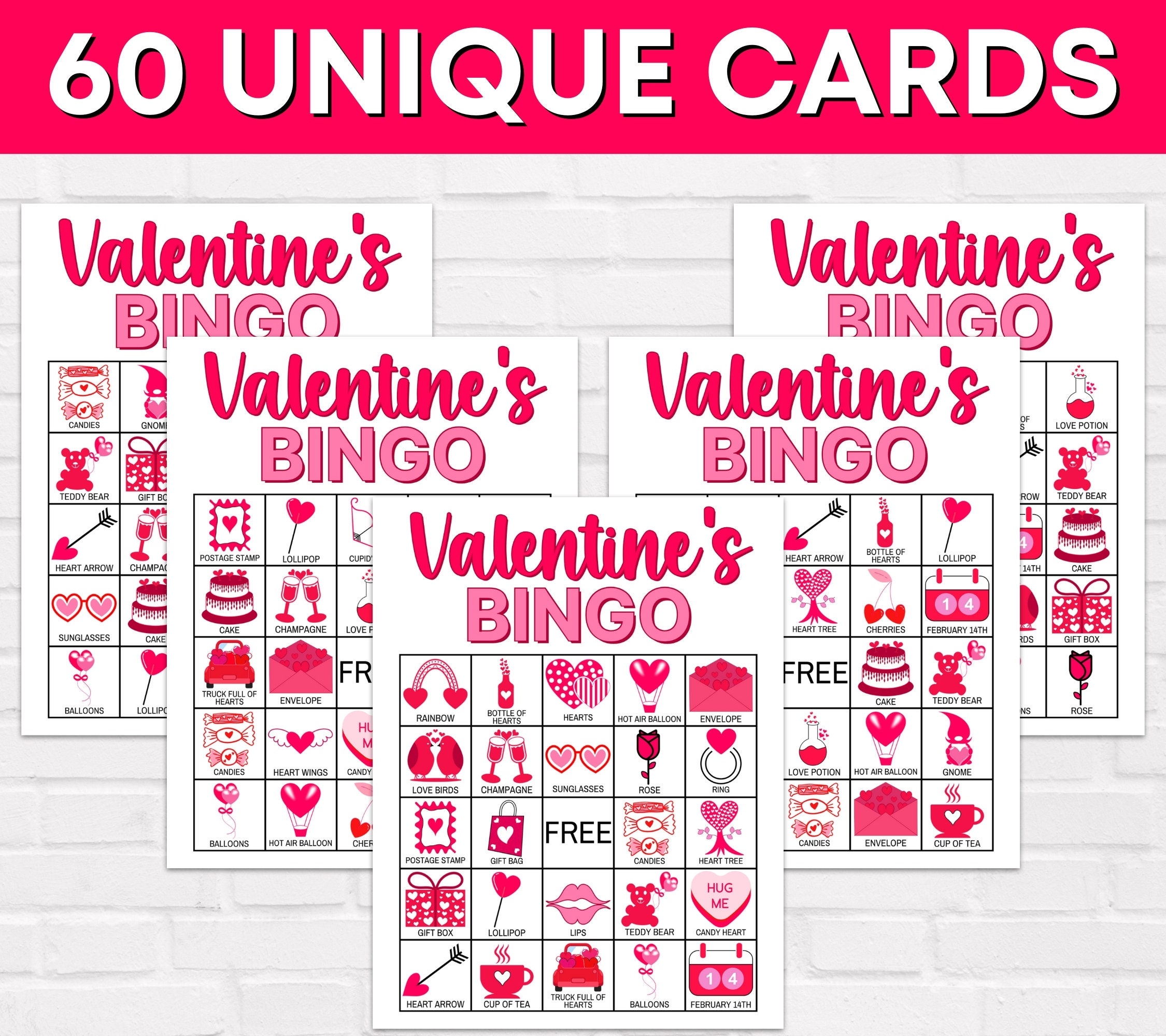60 Valentines Bingo Game Cards Printable, Valentine's Day Bingo Cards ...