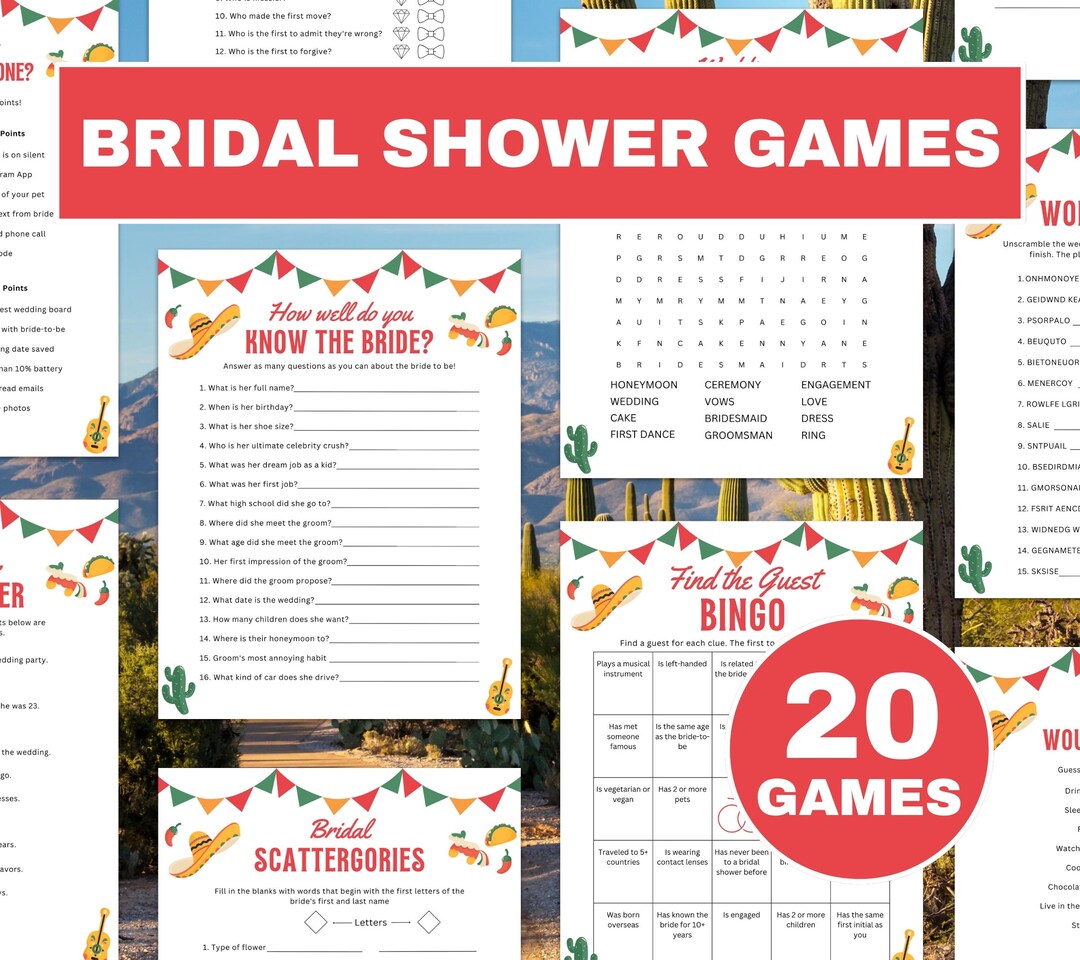 Fiesta Bridal Shower Games Printable Bundle, Cactus Mexican Bridal ...