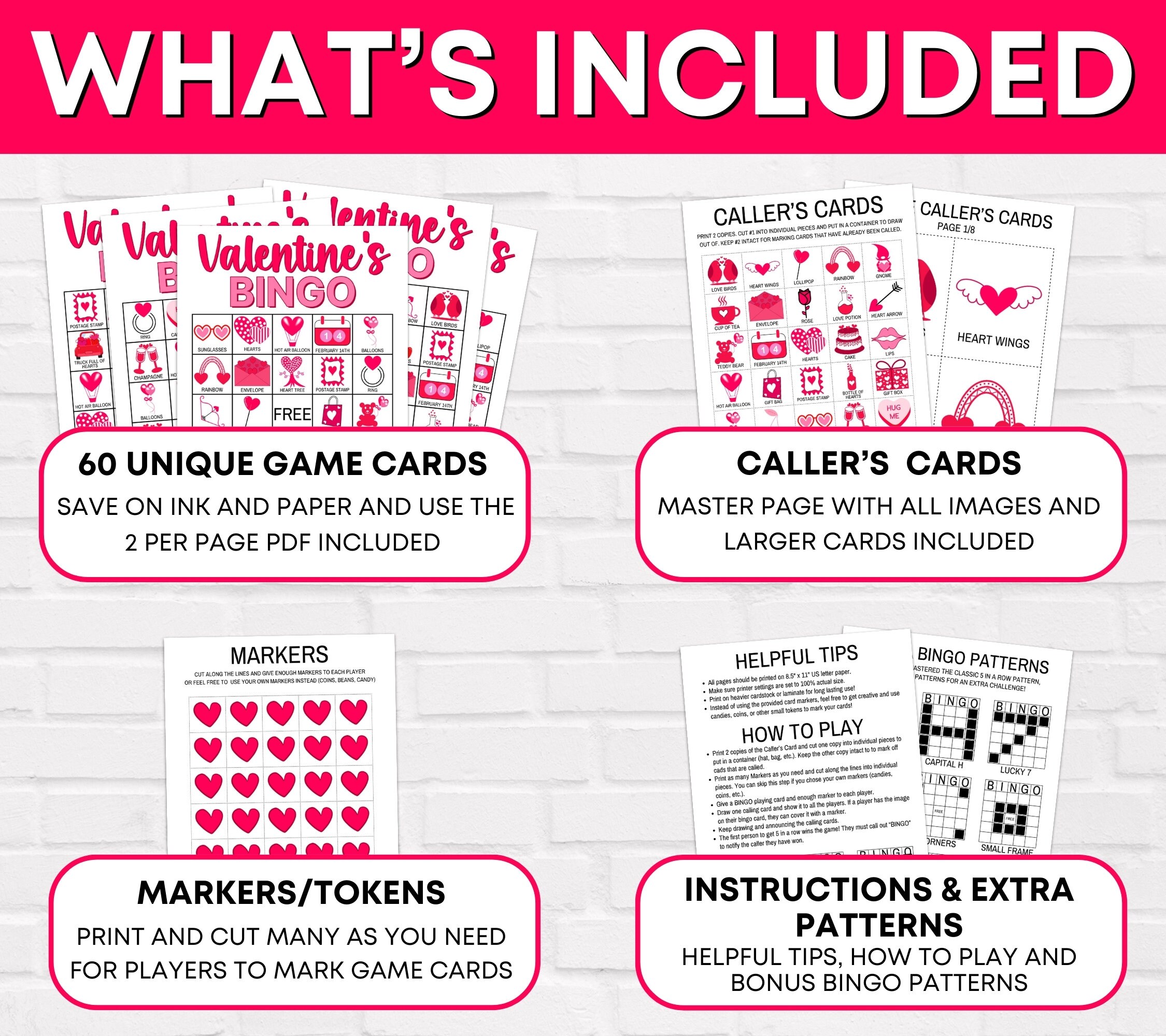 60 Valentines Bingo Game Cards Printable, Valentine's Day Bingo Cards ...