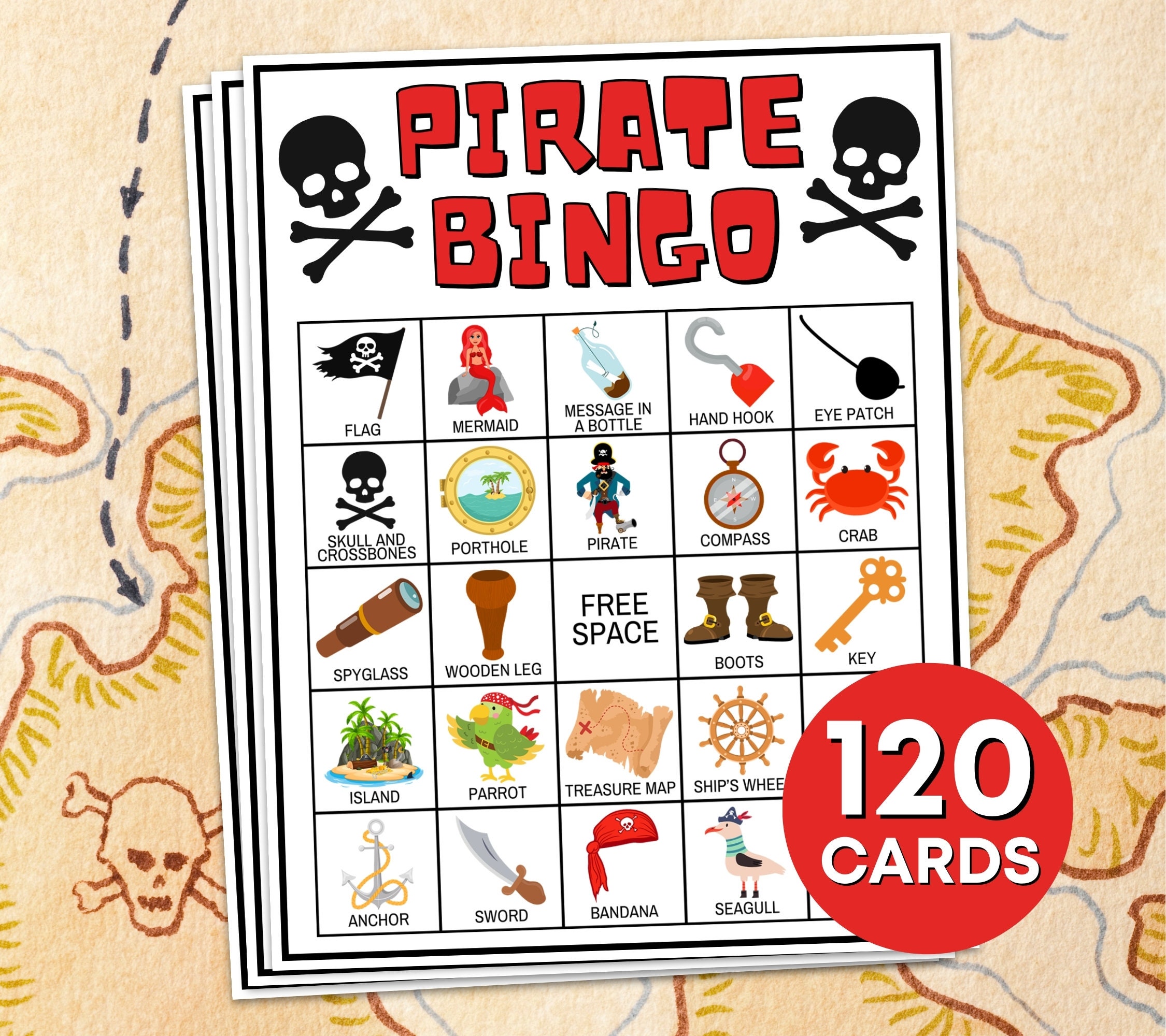 120 Pirate Bingo Cards Printable Game, Pirate Birthday Party Kids Bingo ...