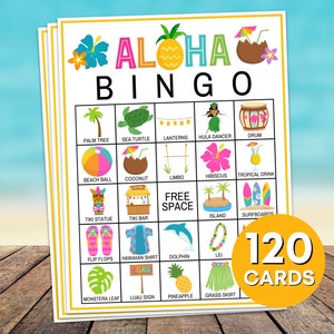 120 Aloha Bingo Cards Printable Game, Luau Hawaiian Birthday Party ...