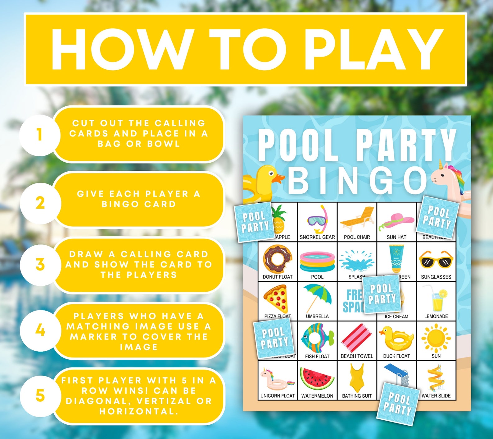 60 Pool Party Bingo Cards Printable Game, Summer Pool Party Birthday ...