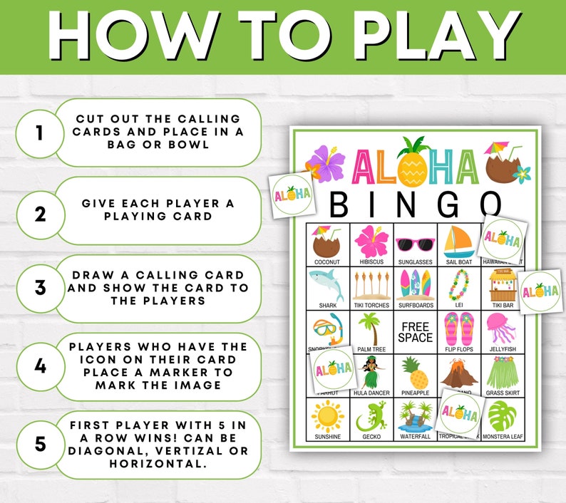 60 Aloha Bingo Cards Printable Game, Luau Hawaiian Birthday Party Bingo ...