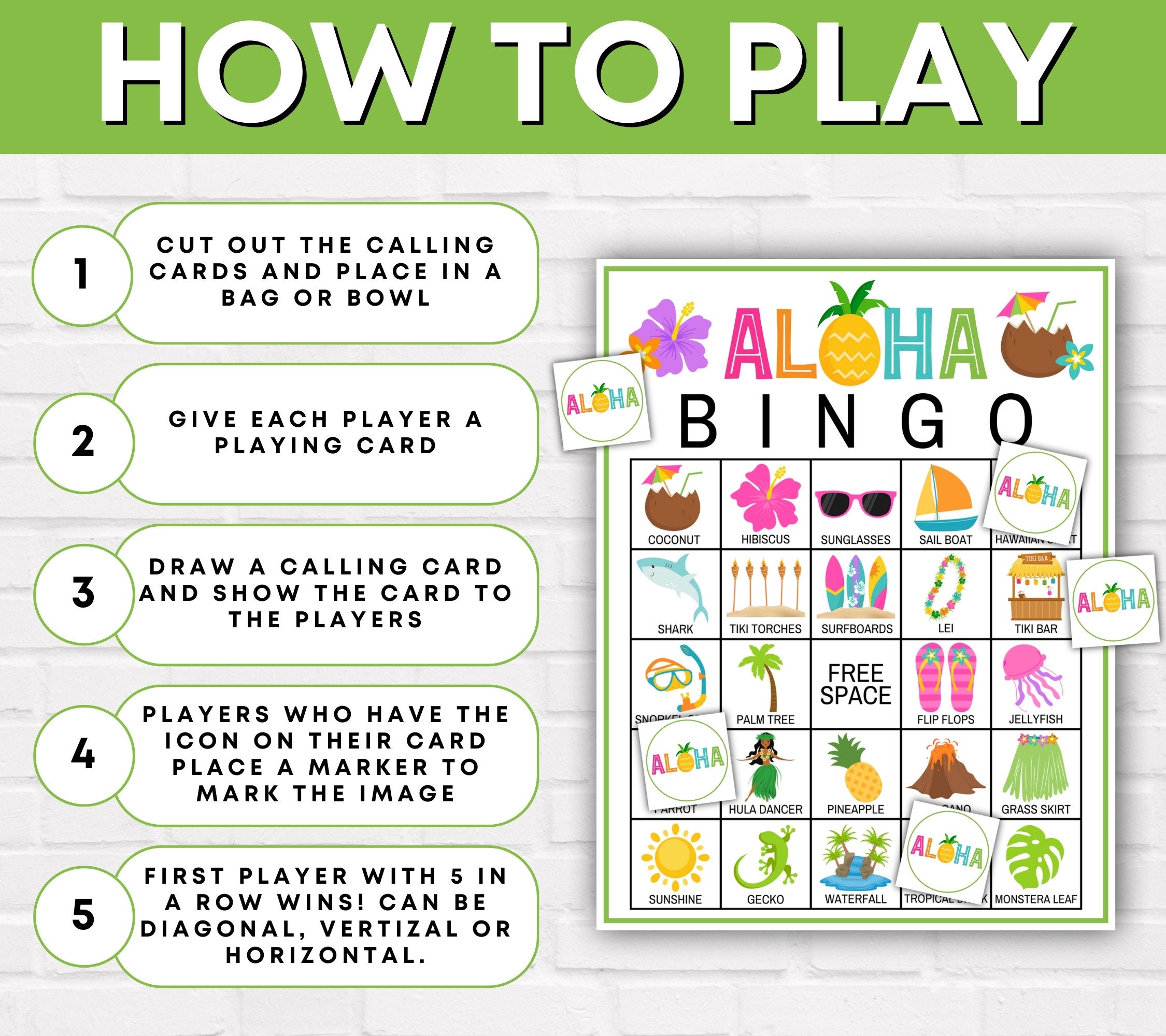 60 Aloha Bingo Cards Printable Game, Luau Hawaiian Birthday Party Bingo ...