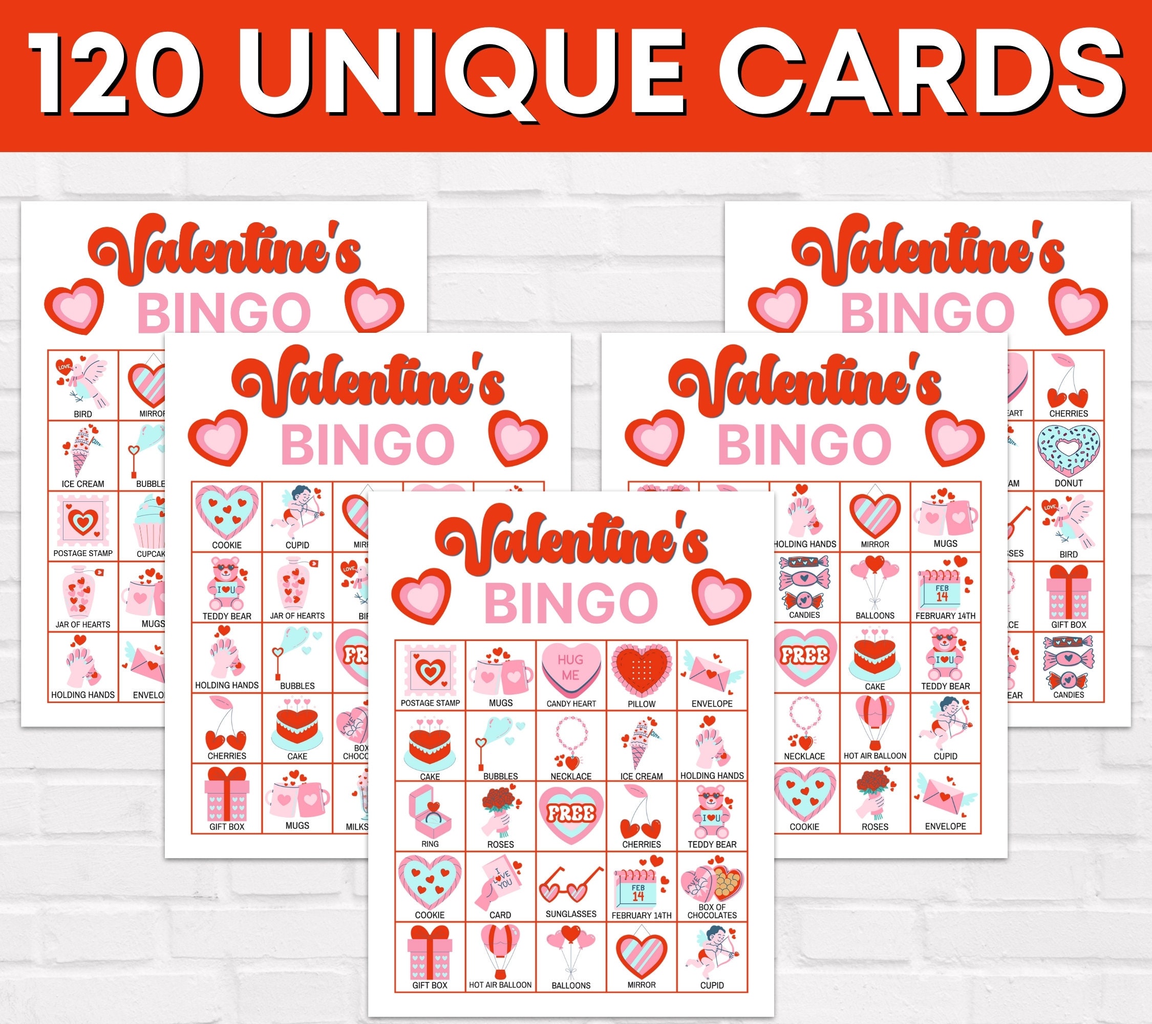 120 Valentines Bingo Game Cards Printable, Valentines Day Bingo Cards ...