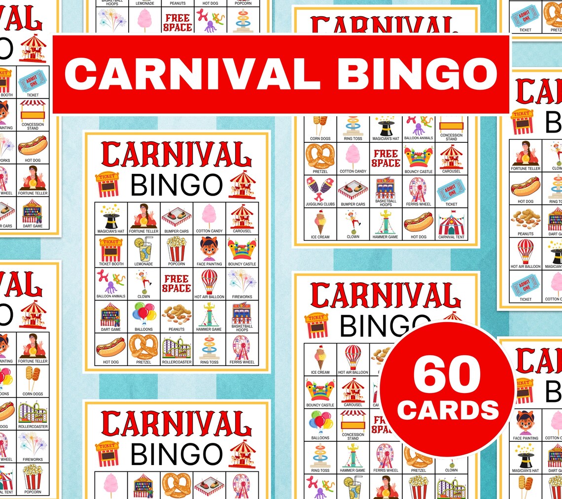 60 Carnival Bingo Cards Printable Game, Carnival Party Bingo Boards ...
