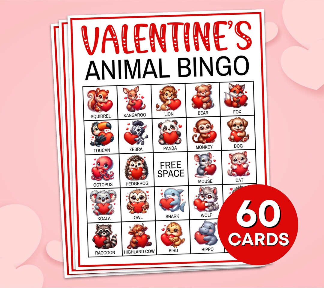 60 Valentines Animal Bingo Cards Printable Game, Valentines Animal ...