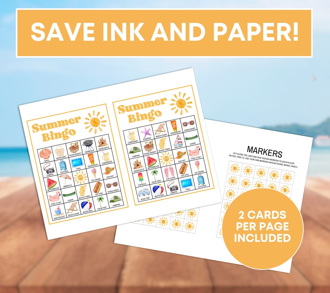 60 Summer Bingo Cards Printable Game, Summer Birthday Party Bingo Game ...