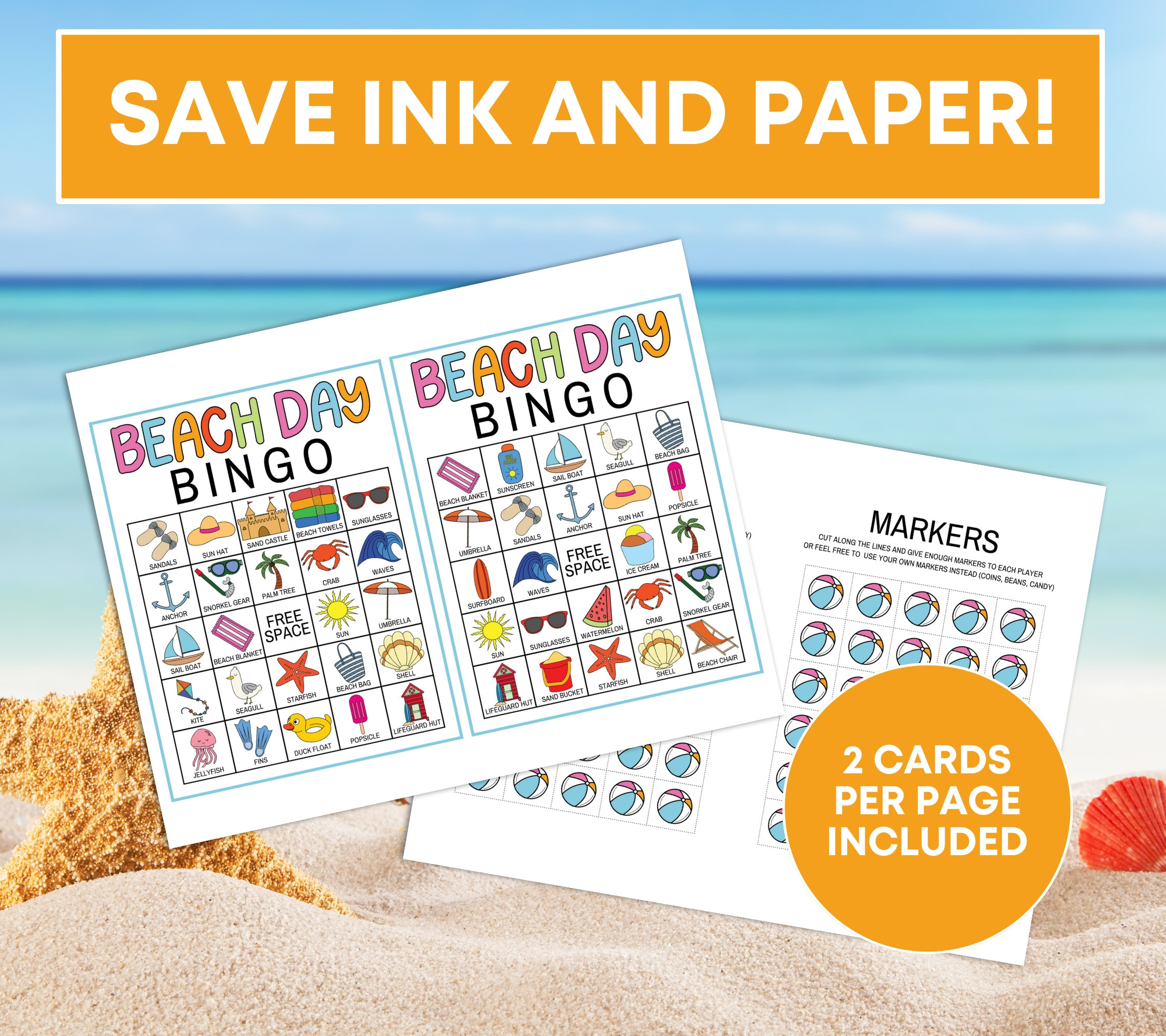 90 Beach Bingo Cards Printable Game, Beach Day Birthday Party Bingo ...