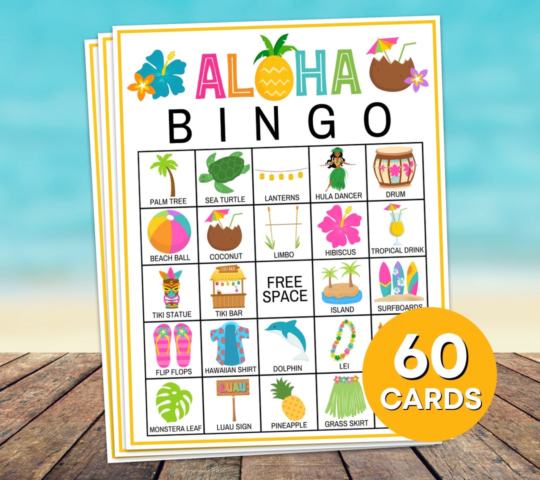 60 Aloha Bingo Cards Printable Game, Luau Hawaiian Birthday Party Bingo ...