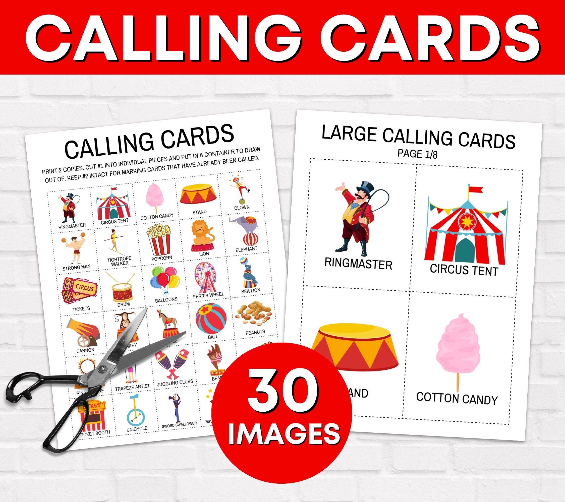 60 Circus Bingo Cards Printable Game, Circus Party Bingo Game Boards ...